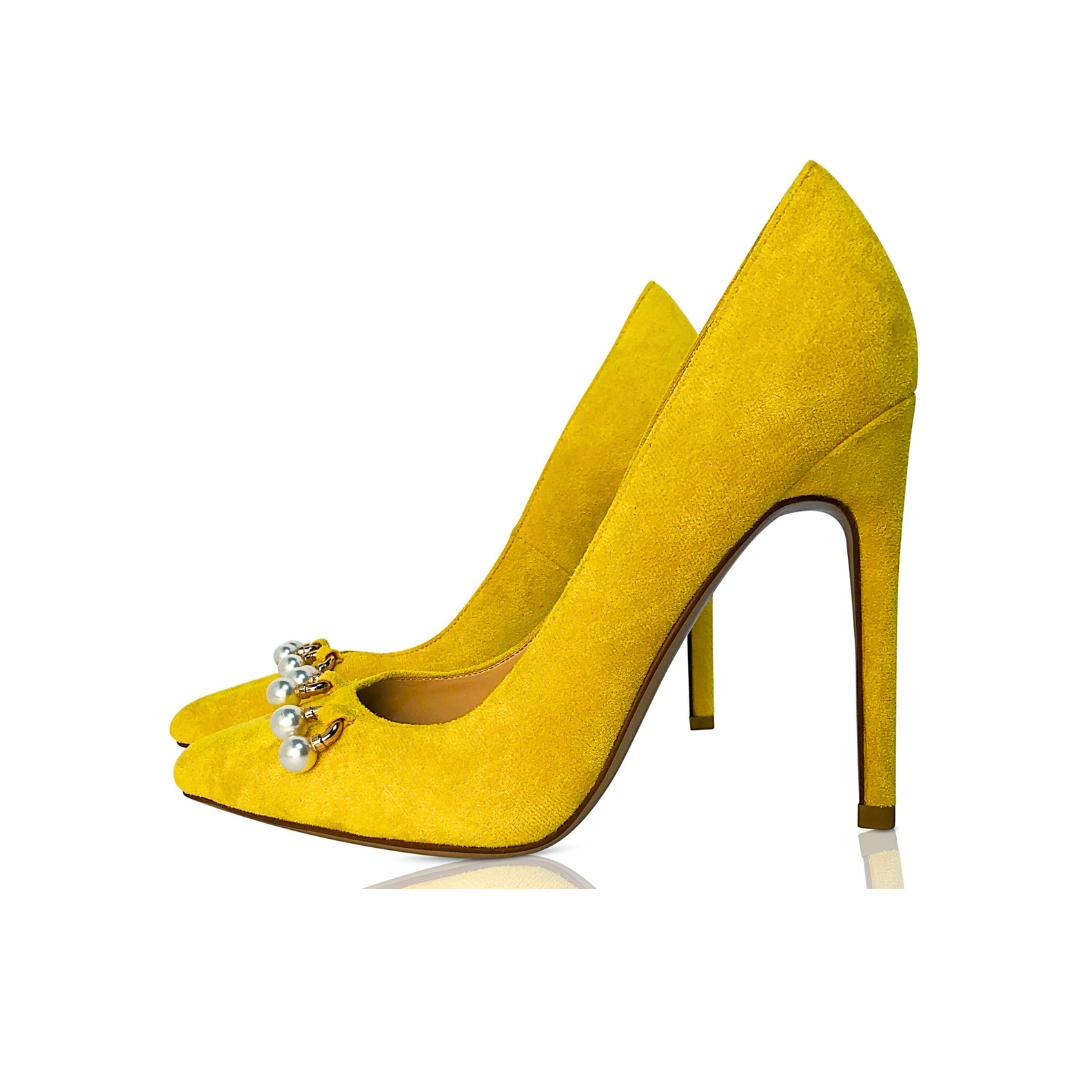 Arabelle Yellow Vegan Shoes | Gold Metal Accessories